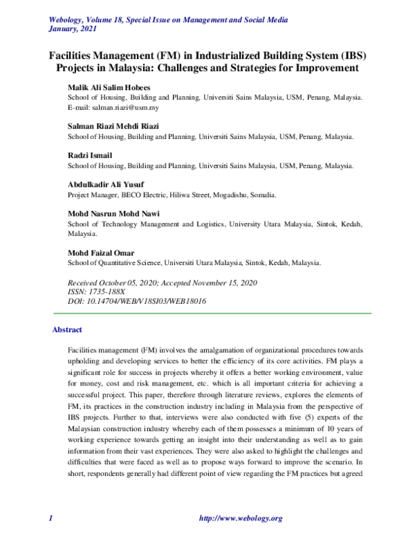 (PDF) Facilities Management (FM) in Industrialized Building System (IBS) Projects in Malaysia ...