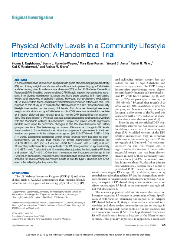 (PDF) Physical Activity Levels in a Community Lifestyle Intervention