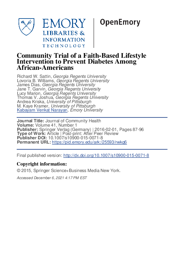 (PDF) Community Trial of a Faith-Based Lifestyle Intervention to ...