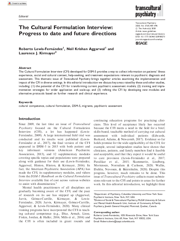 (PDF) The Cultural Formulation Interview: Progress to date and future ...
