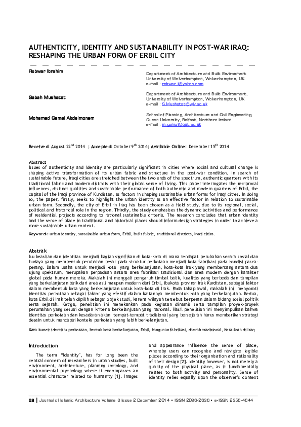 (PDF) AUTHENTICITY, IDENTITY AND SUSTAINABILITY IN POST-WAR IRAQ ...