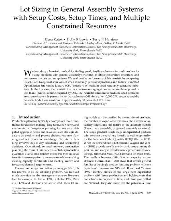 (PDF) Lot Sizing in General Assembly Systems with Setup Costs, Setup Times, and Multiple ...