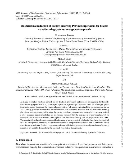 (PDF) On structural reduction of liveness-enforcing Petri net supervisors for flexible ...