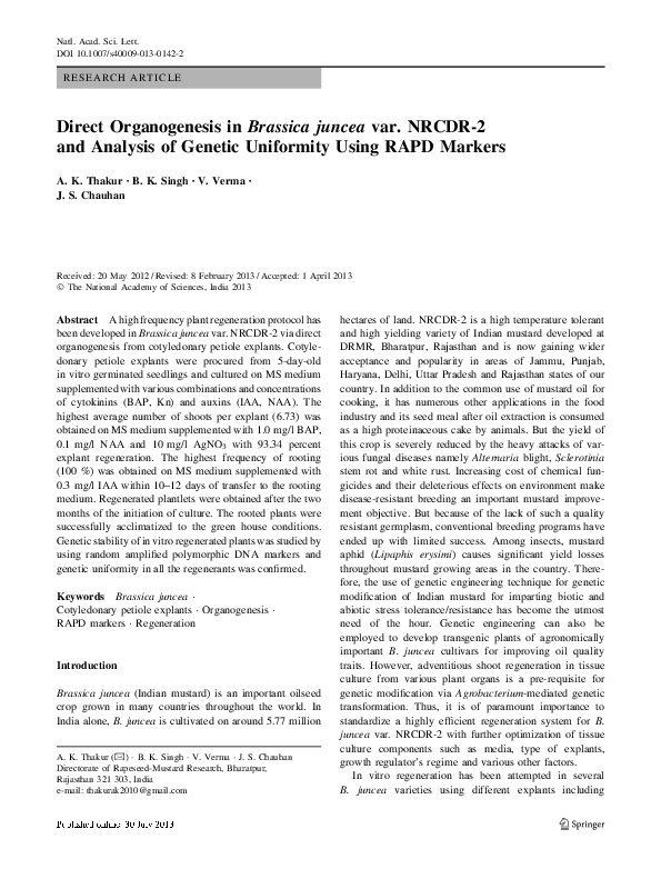 (PDF) Direct Organogenesis in Brassica juncea var. NRCDR-2 and Analysis ...