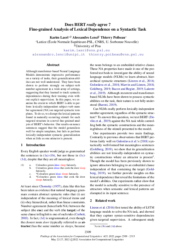 Pdf Does Bert Really Agree Fine Grained Analysis Of Lexical Dependence On A Syntactic Task