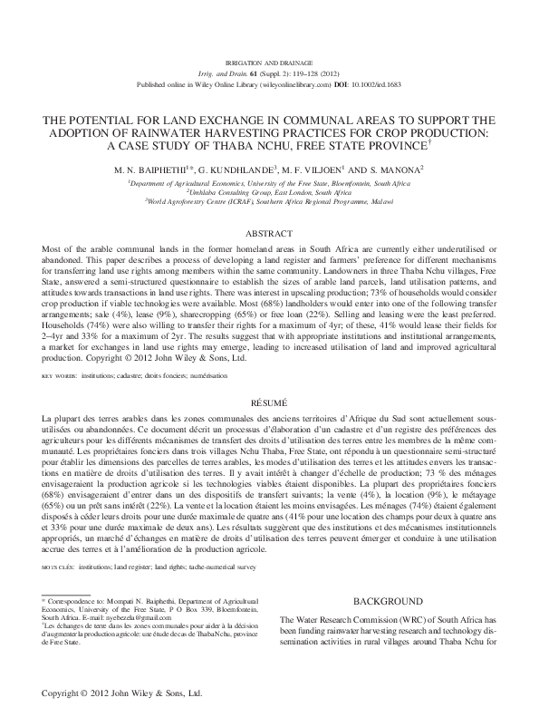 (PDF) The Potential for Land Exchange in Communal Areas to Support the Adoption of Rainwater ...