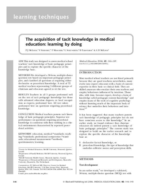(PDF) The acquisition of tacit knowledge in medical education: learning ...