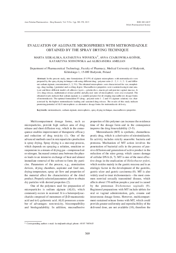 Pdf Evaluation Of Alginate Microspheres With Metronidazole Obtained