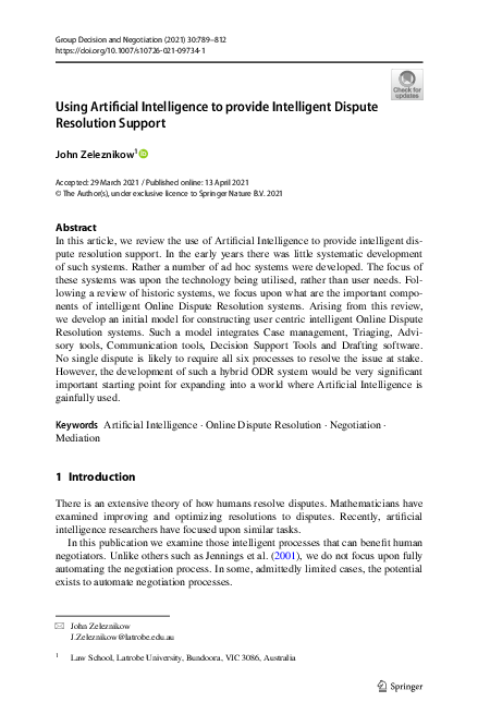 (PDF) Using Artificial Intelligence to provide Intelligent Dispute Resolution Support