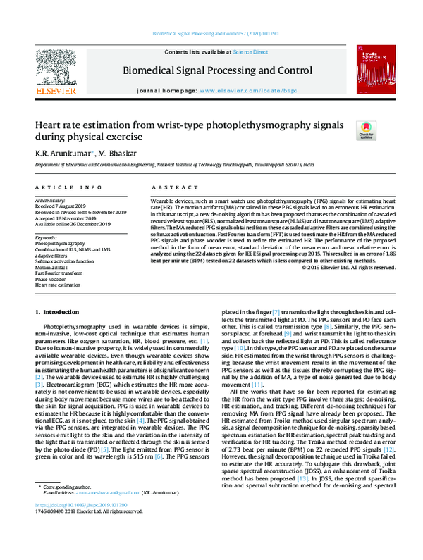 Pdf Heart Rate Estimation From Wrist Type Photoplethysmography Signals During Physical Exercise