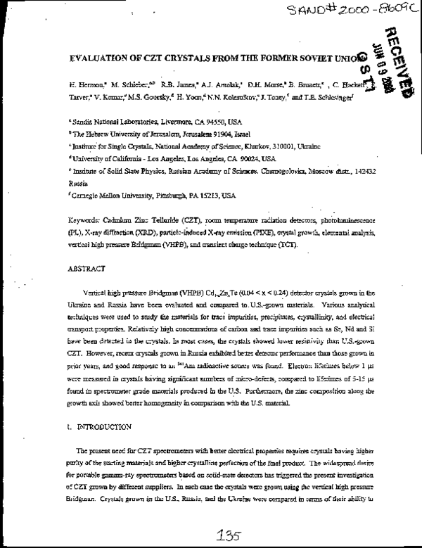 (PDF) Evaluation of CZT crystals from the former Soviet Union | Arlyn ...