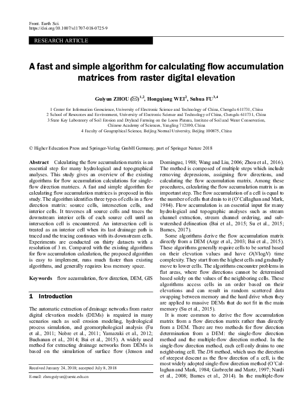 Pdf A Fast And Simple Algorithm For Calculating Flow Accumulation Matrices From Raster Digital