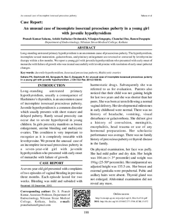 Pdf Case Report An Unusual Case Of Incomplete Isosexual Precocious