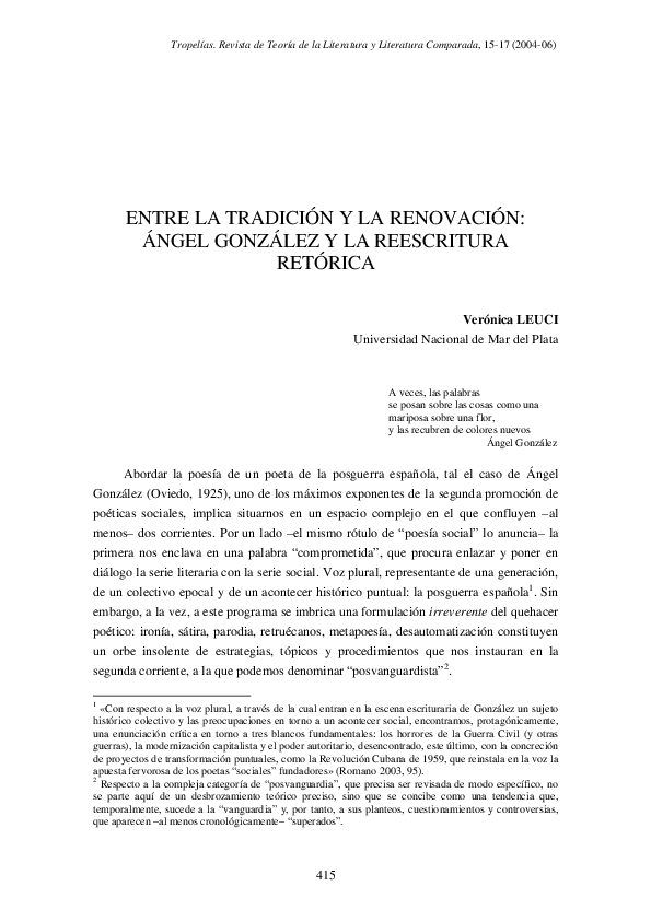 (PDF) Entre la tradición y la renovación: Ángel González y la reescritura retórica