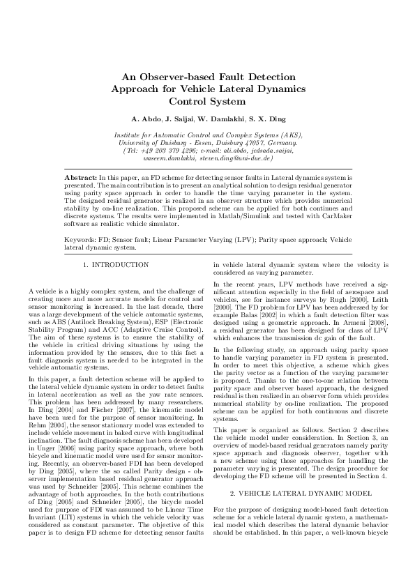 Pdf An Observer Based Fault Detection Approach For Vehicle Lateral