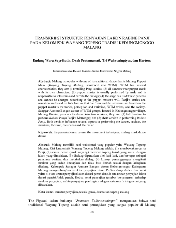 Pdf Transkripsi Struktur Penyajian Lakon Rabine Panji Pada Kelompok Wayang Topeng Tradisi