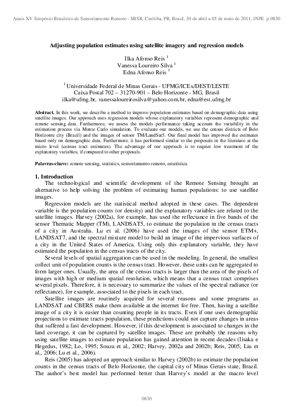 Pdf Adjusting Population Estimates Using Satellite Imagery And Regression Models