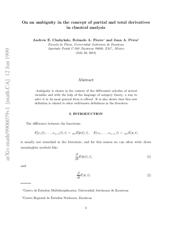 (PDF) On an ambiguity in the concept of partial and total derivatives in classical analysis