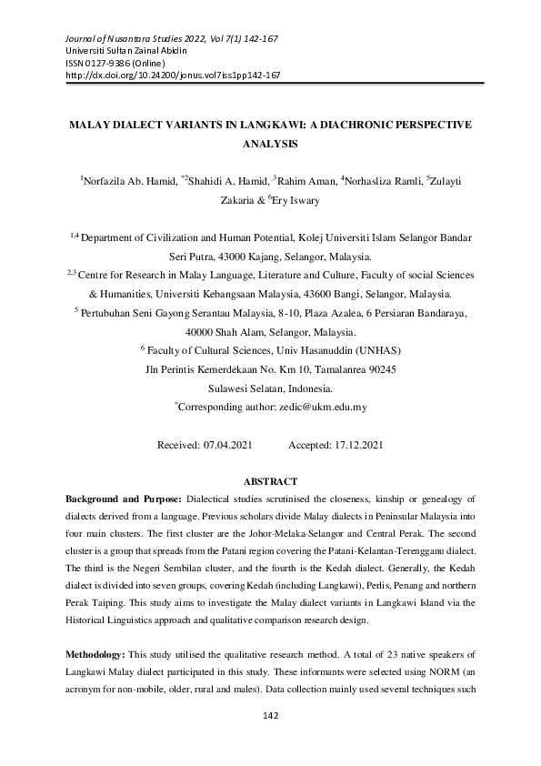 (PDF) Malay Dialect Variants in Langkawi: A Diachronic Perspective Analysis