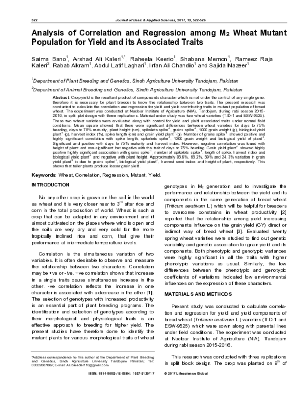 (PDF) Analysis of Correlation and Regression among M2 Wheat Mutant Population for Yield and its ...