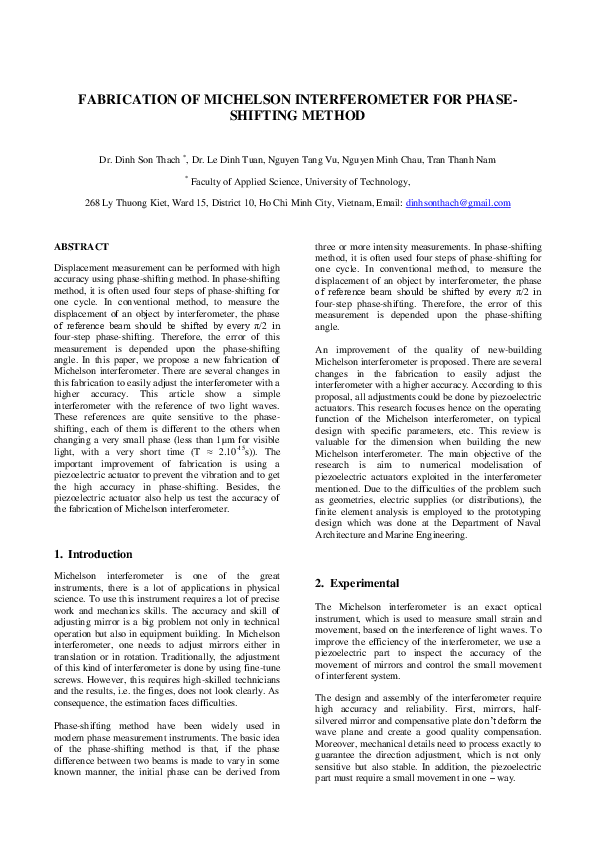 (PDF) Fabrication of Michelson Interferometer for Phase-Shifting Method