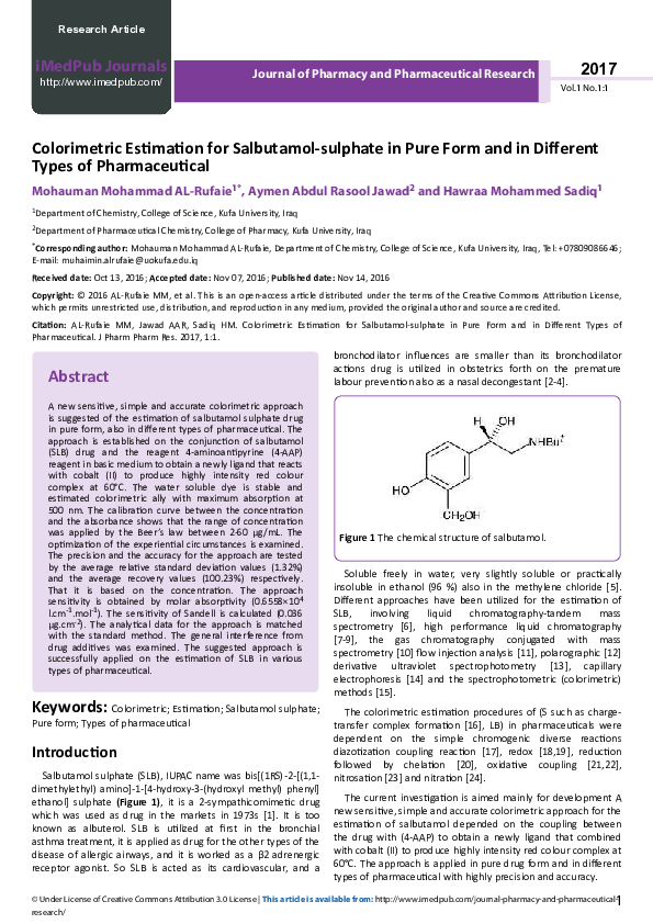 Pdf Colorimetric Estimation For Salbutamol Sulphate In Pure Form And