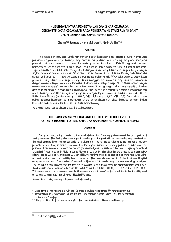 (PDF) Hubungan Antara Pengetahuan Dan Sikap Keluarga Dengan Tingkat Kecacatan Pada Penderita ...