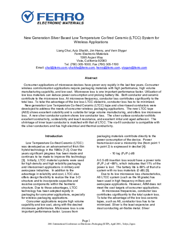 Pdf New Generation Silver Based Low Temperature Co Fired Ceramic Ltcc System For Wireless