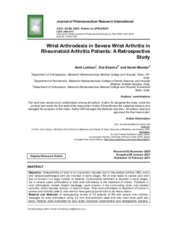 (PDF) Wrist Arthrodesis in Severe Wrist Arthritis in Rheumatoid ...