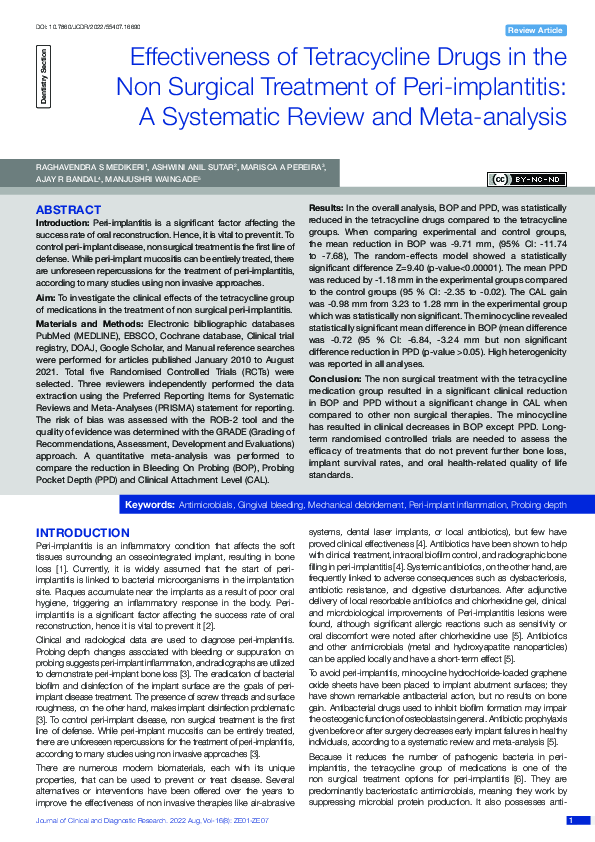 (PDF) Effectiveness of Tetracycline Drugs in the Non Surgical Treatment of Peri-implantitis: A ...