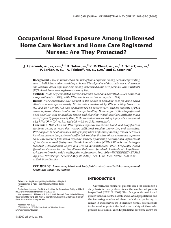 (PDF) Blood Exposure Risks Among Home Care Workers: A Comparative Study