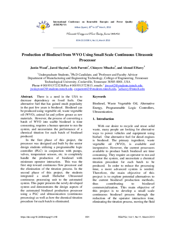 (PDF) Production of Biodiesel from WVO Using Small Scale Continuous ...