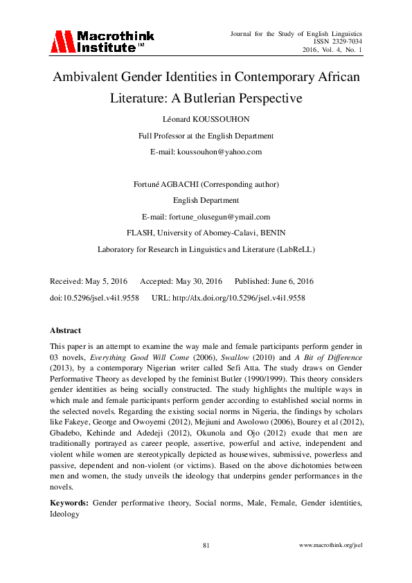 (PDF) Ambivalent Gender Identities in Contemporary African Literature ...