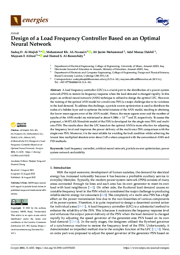 (PDF) Design of a Load Frequency Controller Based on an Optimal Neural Network | Dr. Sadeq Al ...