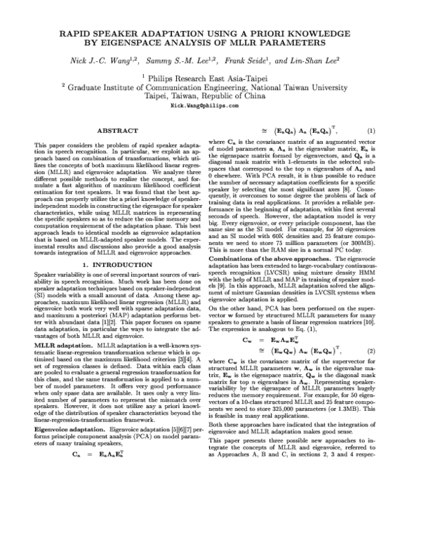 Pdf Rapid Speaker Adaptation Using A Priori Knowledge By Eigenspace Analysis Of Mllr Parameters