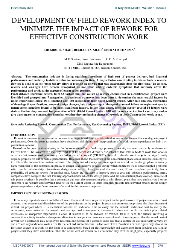(PDF) Development of Field Rework Index to Minimize the Impact of Rework for Effective ...
