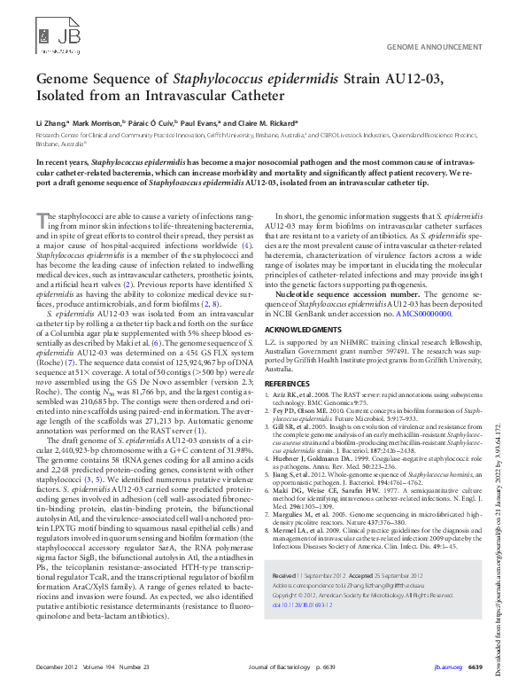 (PDF) Genome Sequence of Staphylococcus epidermidis Strain AU12-03 ...