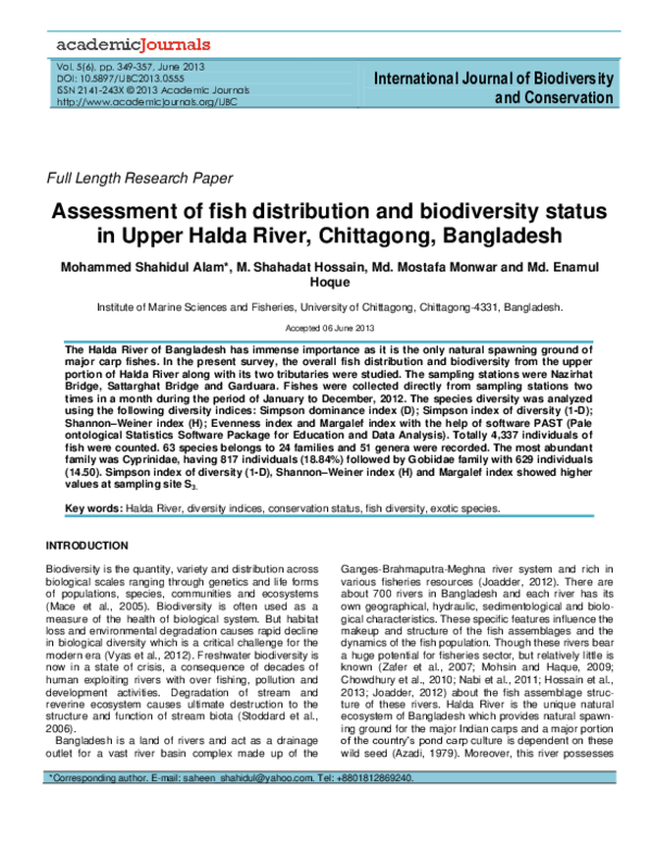 (PDF) Assessment of fish distribution and biodiversity status in Upper ...