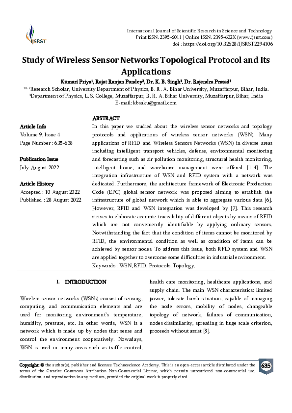 (PDF) Study of Wireless Sensor Networks Topological Protocol and Its Applications