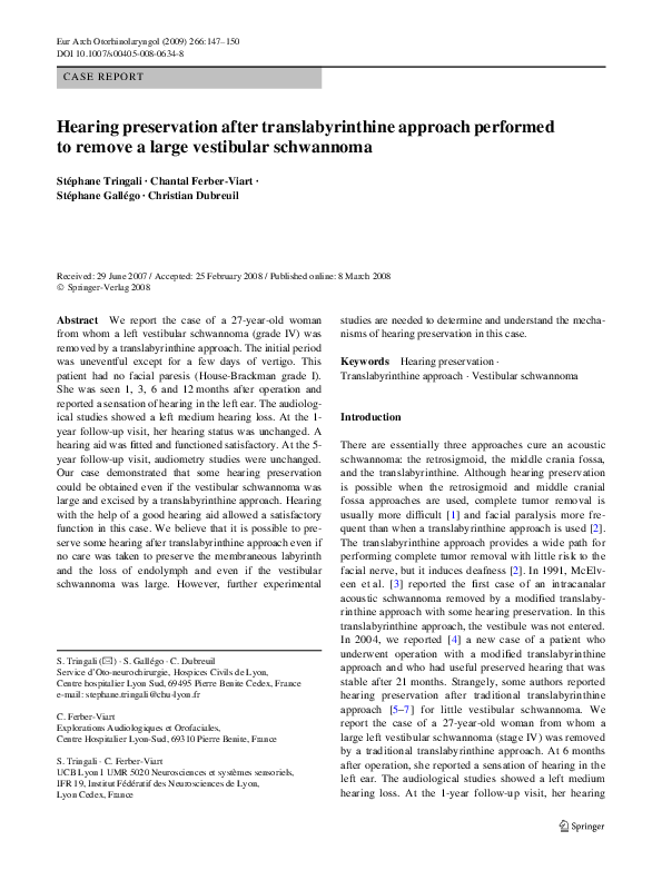 (PDF) Hearing preservation after translabyrinthine approach performed ...