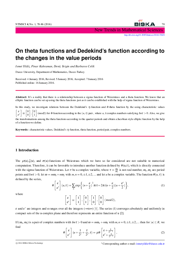 (PDF) On Theta Functions and Dedekind s function according to the ...