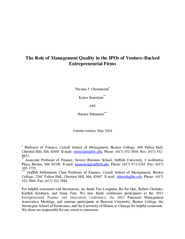 (PDF) The Role of Management Quality in the IPOs of Venture-Backed ...