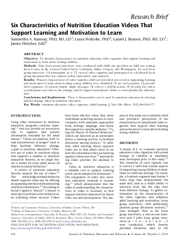 (PDF) Six Characteristics of Nutrition Education Videos That Support ...
