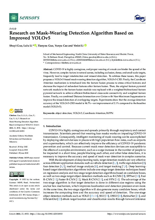 Pdf Research On Mask Wearing Detection Algorithm Based On Improved Yolov5