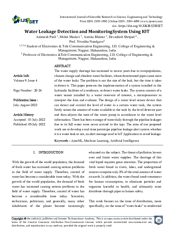 (PDF) Water Leakage Detection and Monitoring System Using IOT