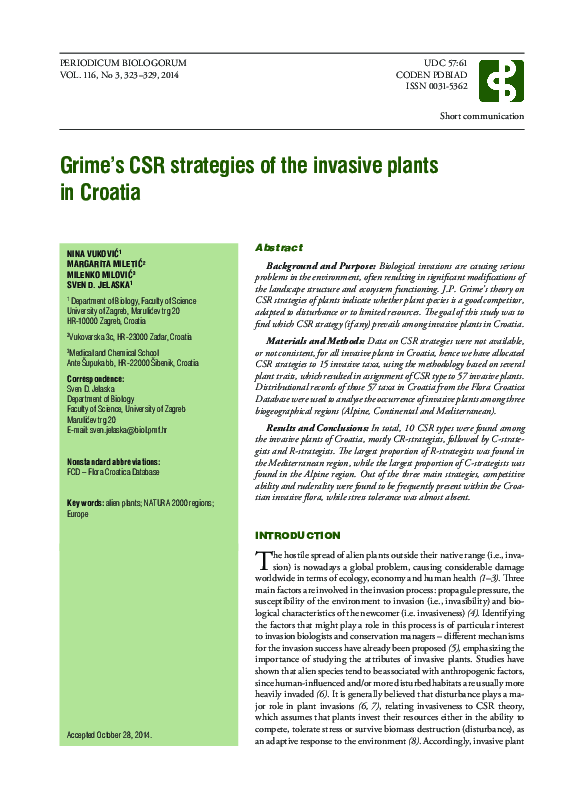 (PDF) Grime's CSR strategies of the invasive plants in Croatia