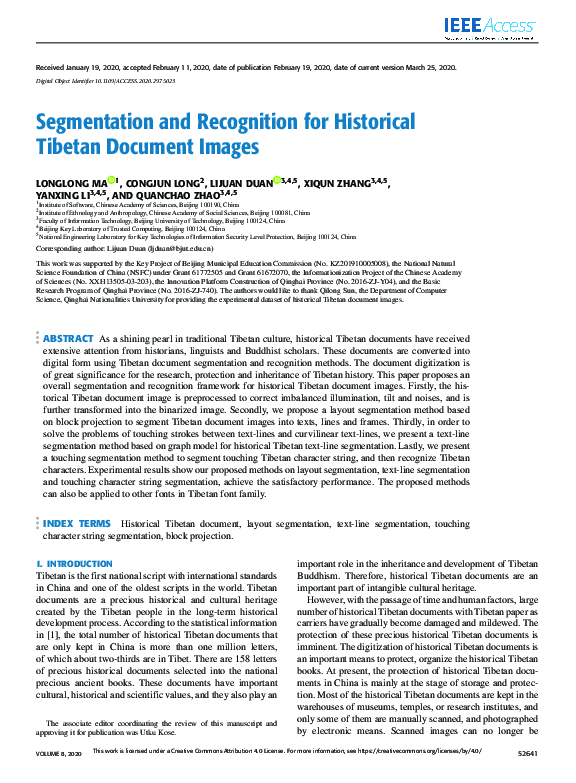 (PDF) Segmentation and Recognition for Historical Tibetan Document Images