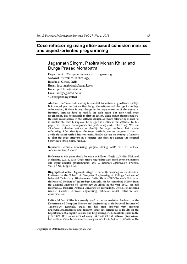 Code refactoring using slice-based cohesion metrics and aspect-oriented programming