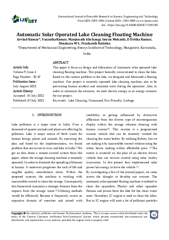 (PDF) Automatic Solar Operated Lake Cleaning Floating Machine