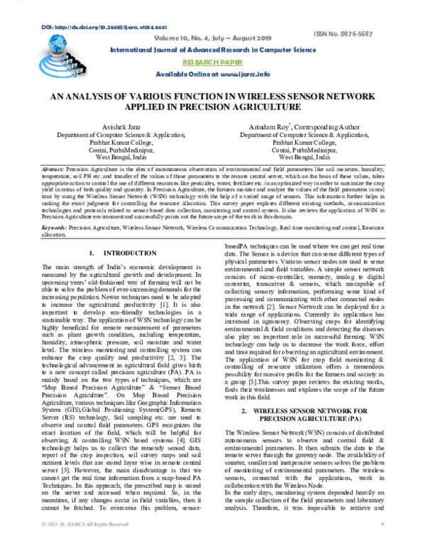 Pdf An Analysis Of Various Function In Wireless Sensor Network Applied In Precision